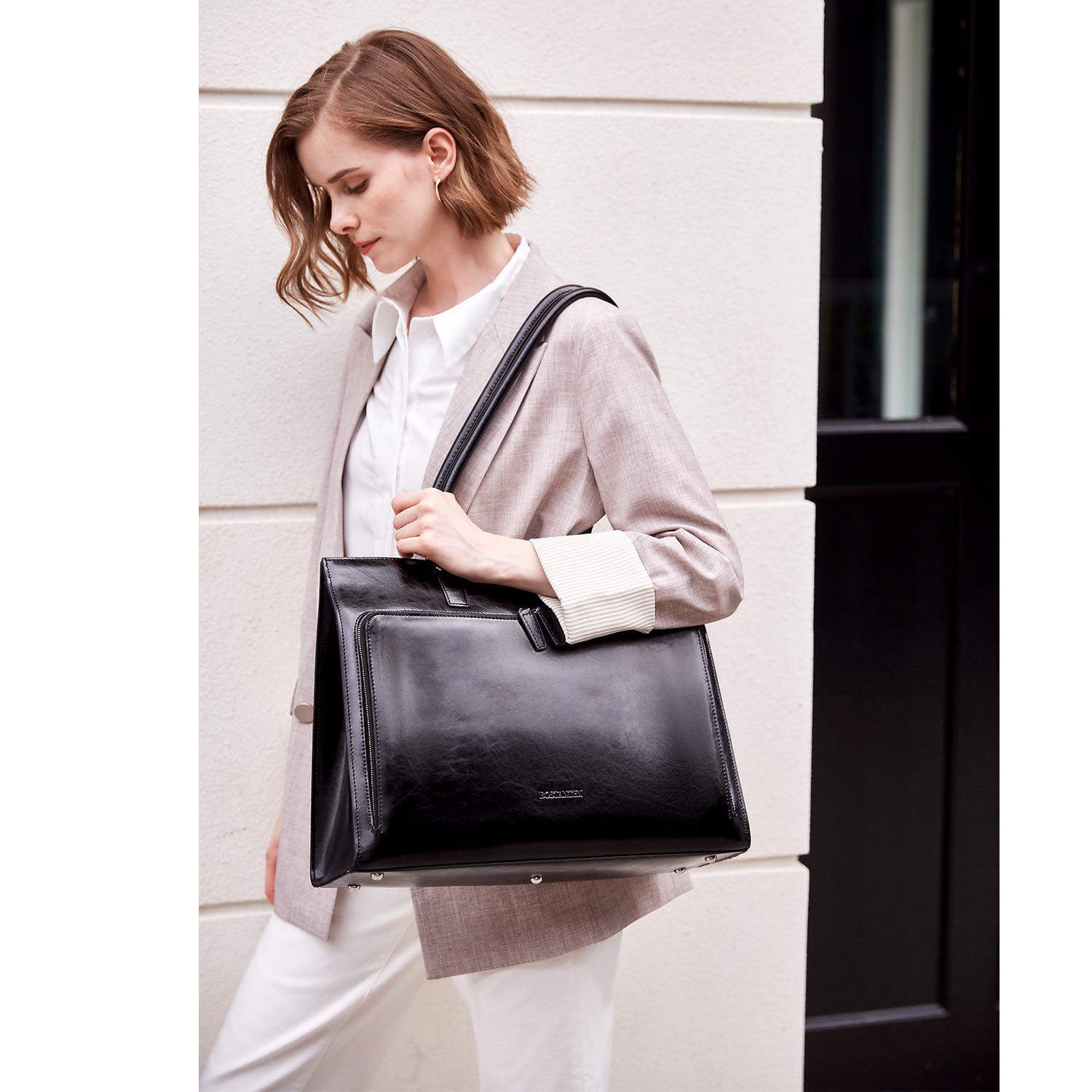 BOSTANTEN Leather Briefcase for Women Vintage 15.6 inch Laptop Bag for Women Business Shoulder Handbag Black
