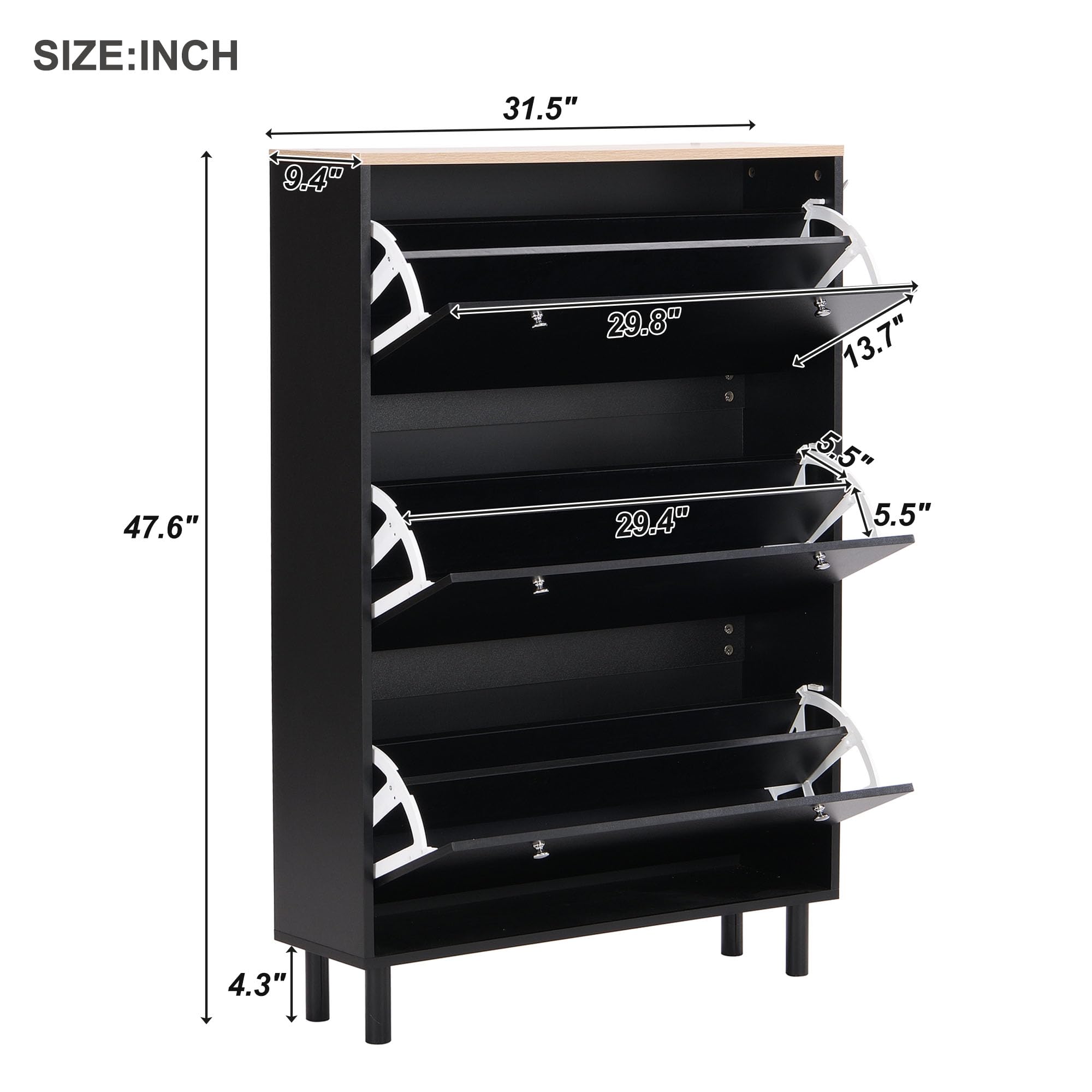 HEPMIMZHU Narrow Shoe Cabinet with 3 Flip Drawers, Wood Grain Pattern Top Entryway Organizer with 3 Hooks, Free Standing Shoe Rack with Adjustable Panel for Hallway (Black)
