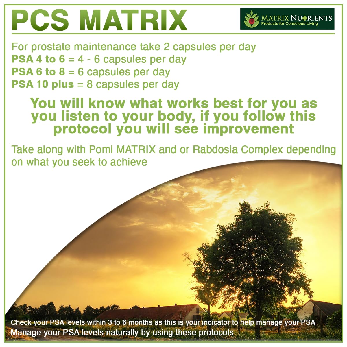 PCS Matrix - Lower PSA Levels for Healthy Prostate - 100% Natural Ingredients: Saw Palmetto, Rabdosia, Scute, Plantago Focium, Chrysantaomum, Ganoderma, Lotus Seed - Vegan Capsules (120ct)