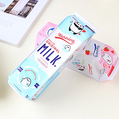 Pack of 2 Cute Pencil Case Box Leather Pencil Holder Pen Pouch Stationery Organizer Cosmetic Bag with Zipper (Blue and Pink Milk) (pinkblue) (Milk2)