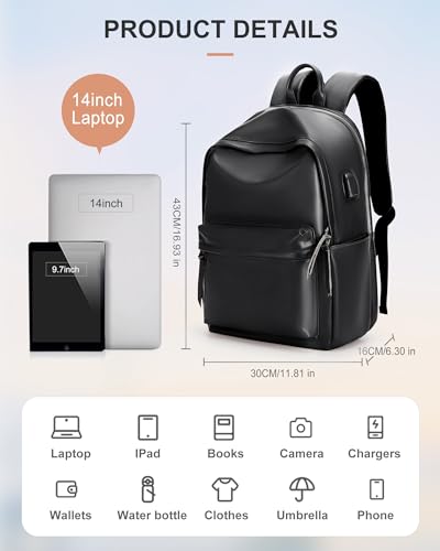 Laptop Backpack Women, Faux Leather Work Travel Backpack for Men with USB Port, Waterproof Fashion Casual Daypack for Business University, Large Capacity Carry On Backpack for Airplanes, Black