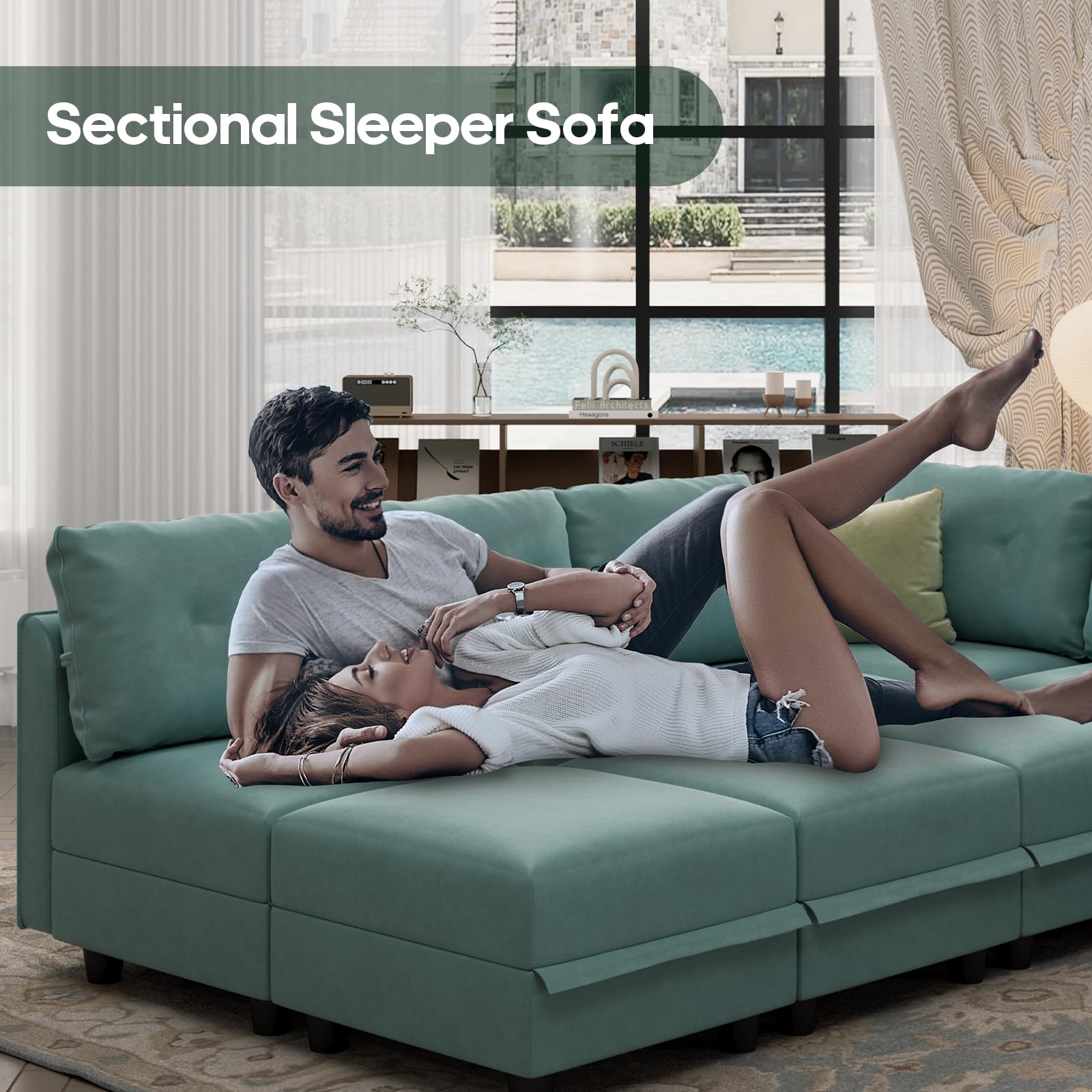 LLappuil Modular Sectional Sofa, Convertible L Shaped Sectional Couch with Storage, Faux Leather Fabric, Modular Sectionals with Chaise, 7 Seats with Ottoman Sofas for Living Room, Aqua Blue