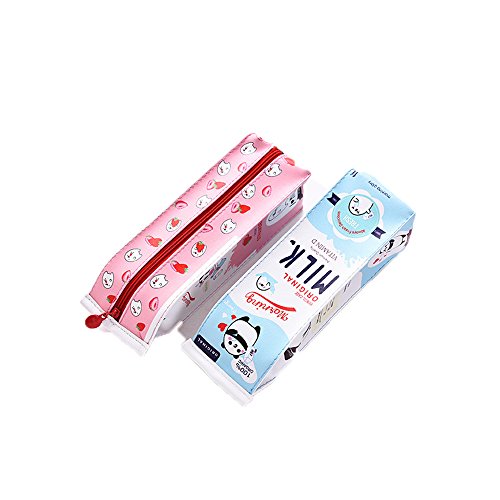 Pack of 2 Cute Pencil Case Box Leather Pencil Holder Pen Pouch Stationery Organizer Cosmetic Bag with Zipper (Blue and Pink Milk) (pinkblue) (Milk2)