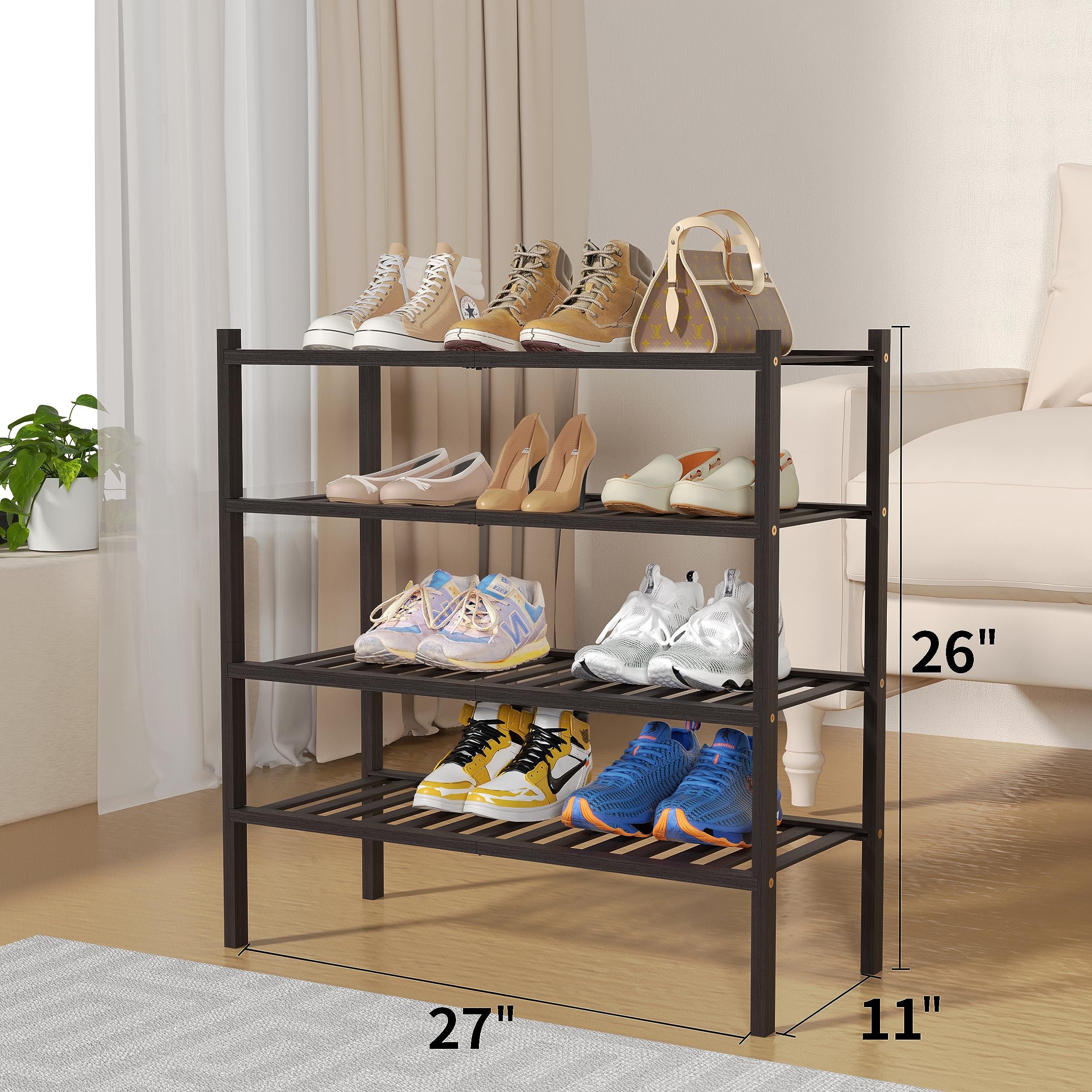 ROMGUAR CRAFT 4 Tier Bamboo Shoe Rack for Closet Free Standing Wood Shoe Shelf for Entryway Small Space Stackable 27"x11"x26" (Brown)
