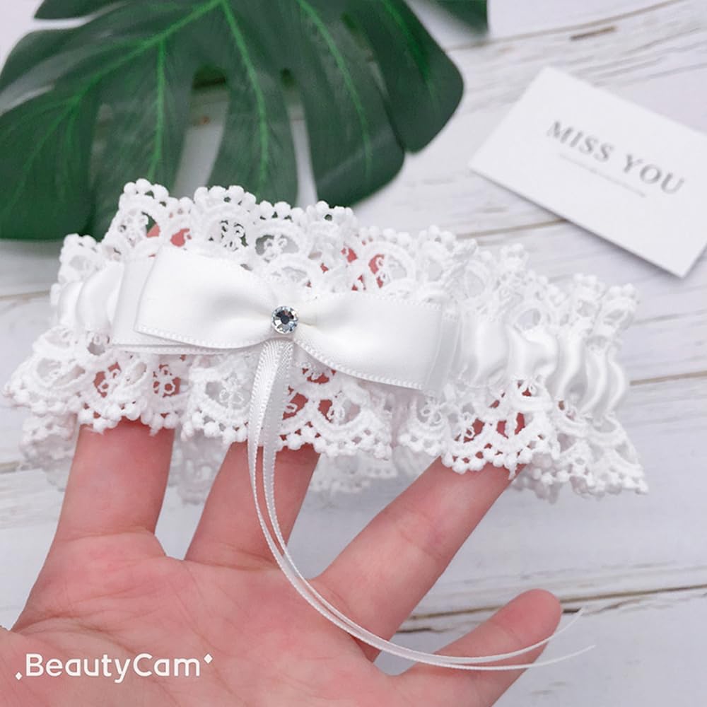 Lace Wedding Garters for Bride with Bow Stretch Prom Leg Garter for Women Girls (White)