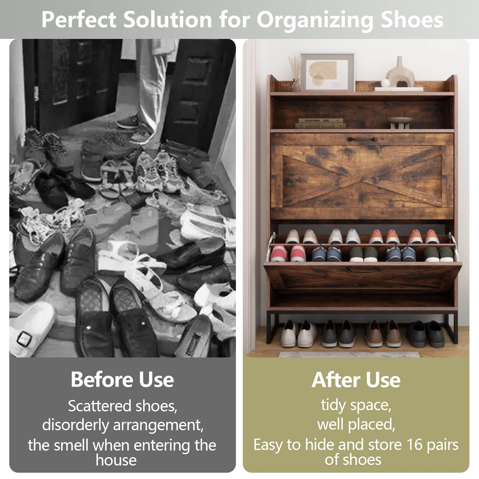 Auromie Shoe Cabinet, Freestanding Tipping Bucket Shoe Storage Cabinet with 2 Flip Drawers, Entryway Shoe Rack with Storage Top Cubby, Narrow Slim Hidden Shoe Organizer with Doors (Brown)