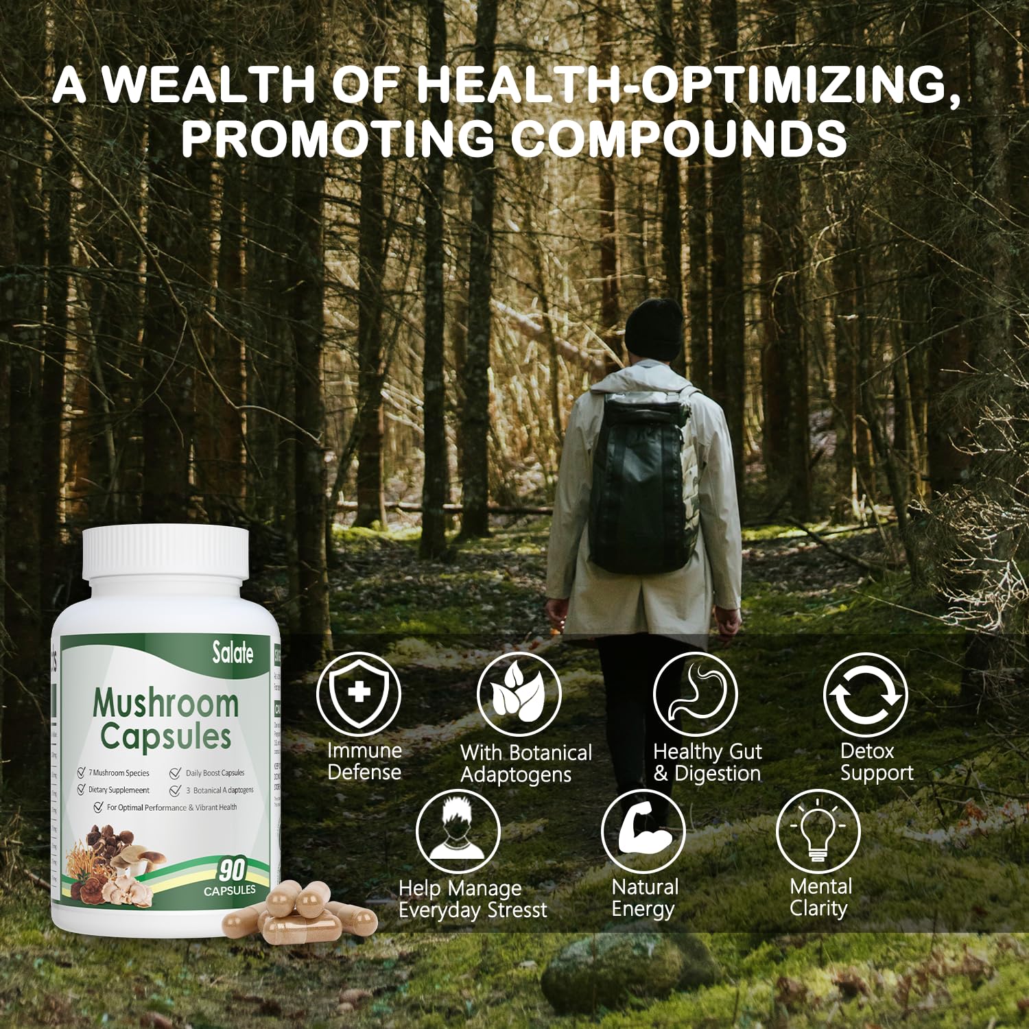 Salate Lion's Mane Supplement Organic Mushroom Extract for Memory and Focus, Concentration & Immune Support Brain Capsules with 100% Fruit Bodies & Extracts