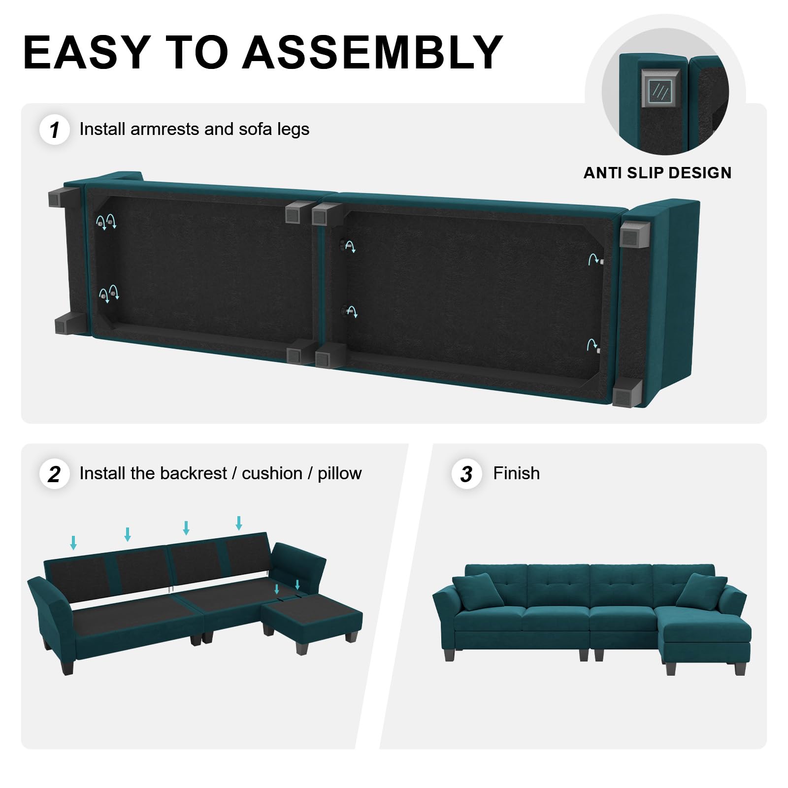 Belffin Convertible Sectional Couch Velvet L Shaped Sofa 4 Seat Sofa with Chaise L-Shaped Couches Reversible Sectional Sofa Peacock Blue