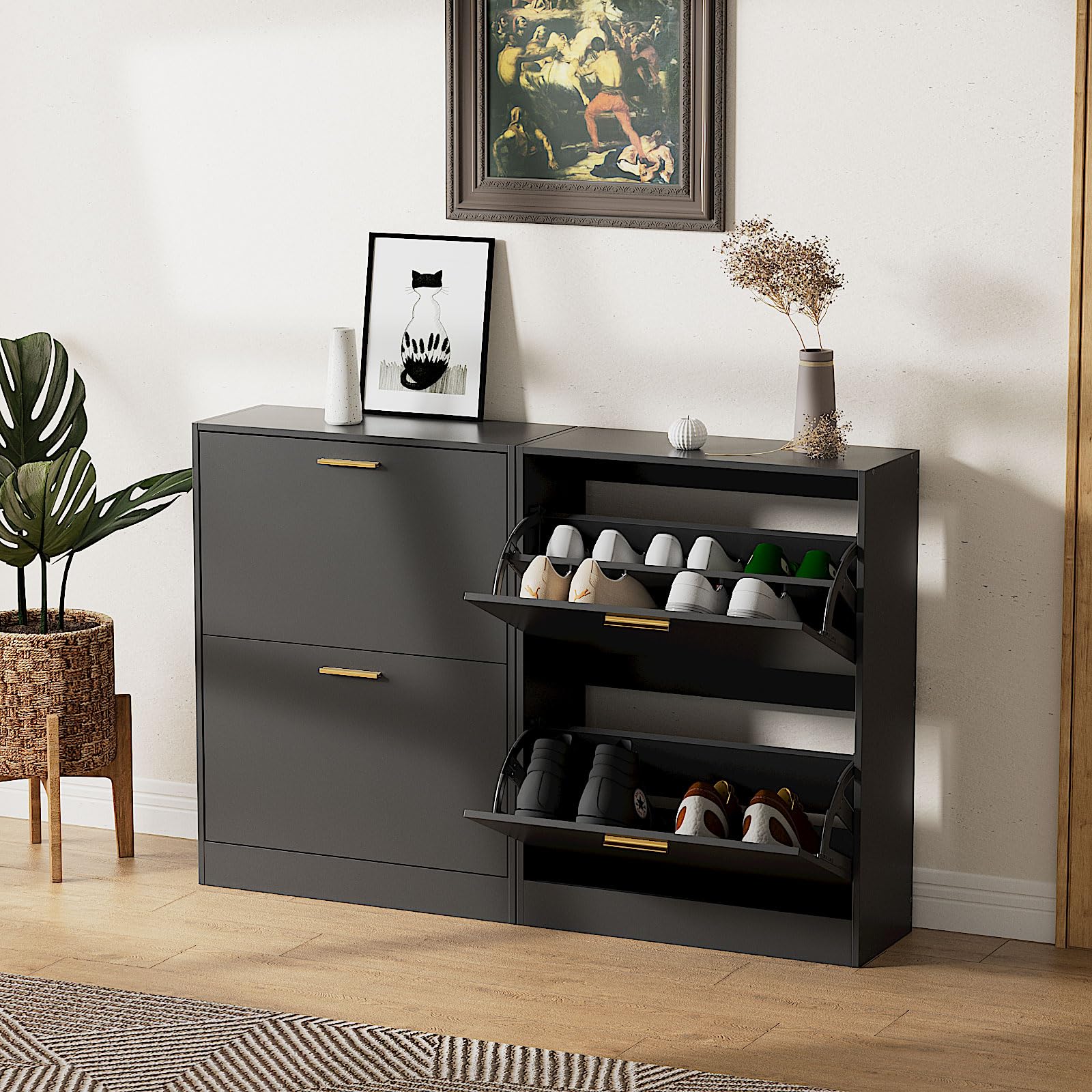 NOVAMAISON Shoe Cabinet for Entryway Slim, Black Narrow Hidden Shoe Storage Cabinet, 2 Flip Drawers Shoe Cabinet, Freestanding Shoe Organizer Cabinet for Hallway