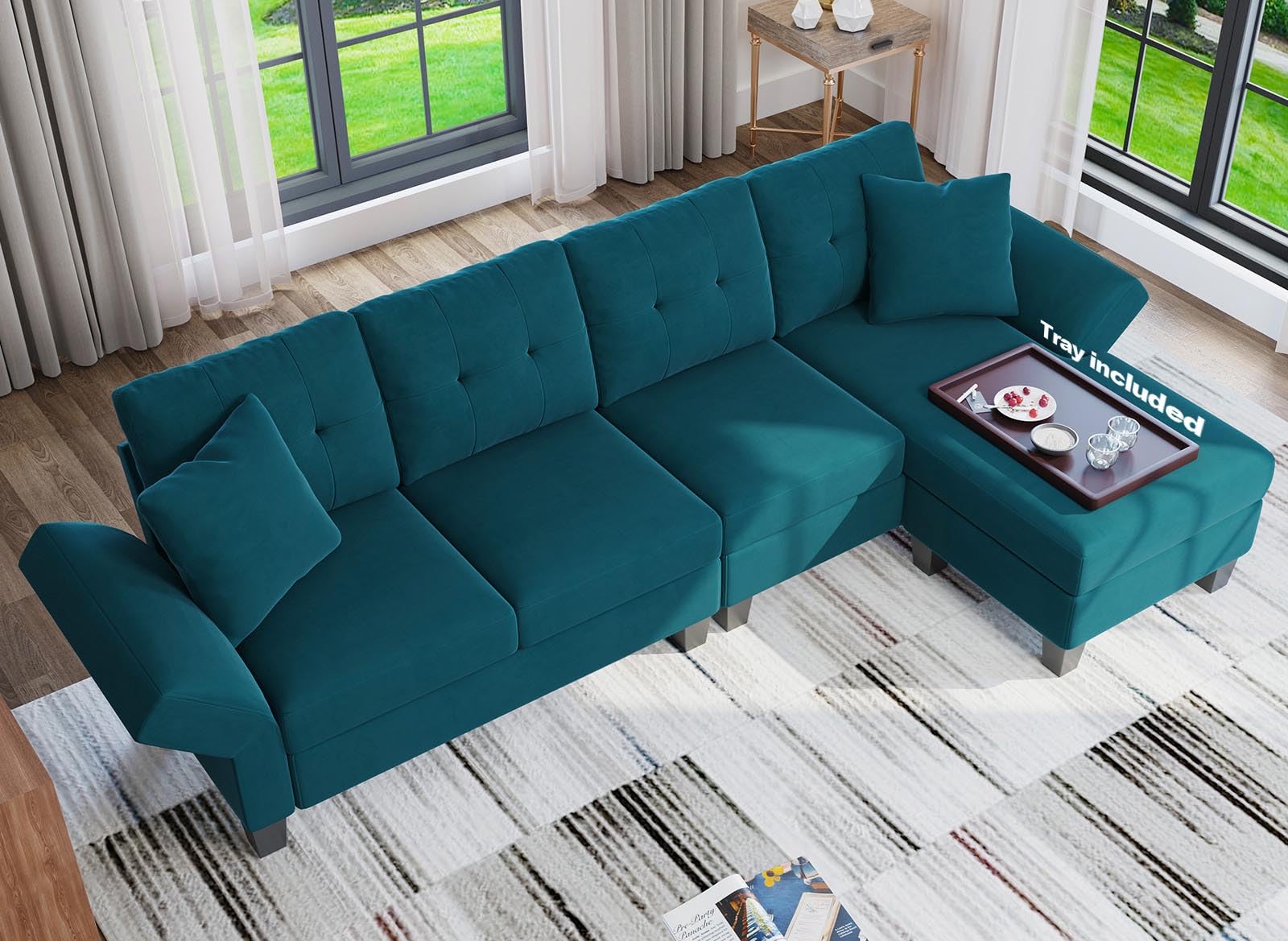 Belffin Convertible Sectional Couch Velvet L Shaped Sofa 4 Seat Sofa with Chaise L-Shaped Couches Reversible Sectional Sofa Peacock Blue