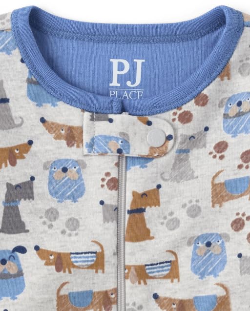 The Children's Place,and Toddler Snug Fit 100% Cotton Zip-Front One Piece Footed Pajamas 2-Pack,DOGS_HT LUNAR | GRIPPER DOT_PUFF DTM PRINT | JOHNSON PLAID_FEDERAL BLUE | LT BLUE OXFORD,2T