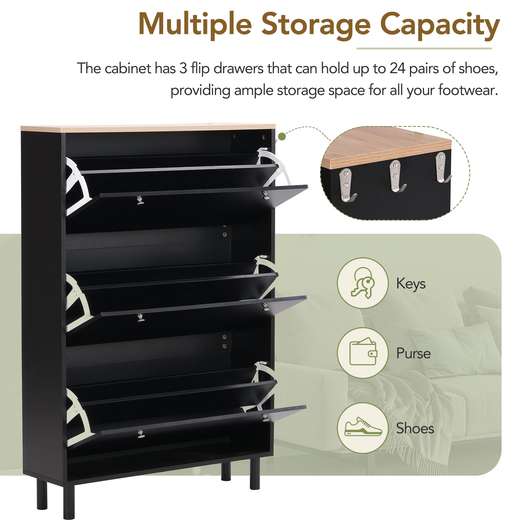 HEPMIMZHU Narrow Shoe Cabinet with 3 Flip Drawers, Wood Grain Pattern Top Entryway Organizer with 3 Hooks, Free Standing Shoe Rack with Adjustable Panel for Hallway (Black)