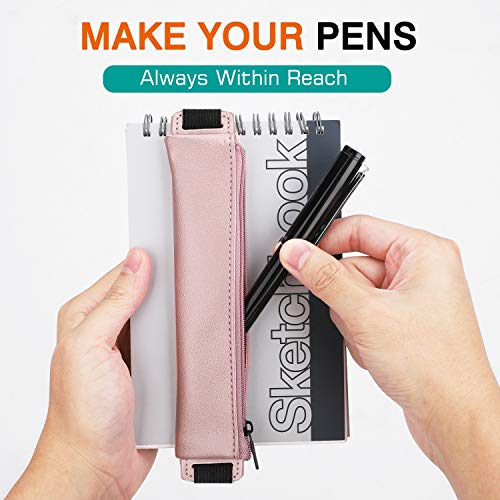 MoKo Pencil Case (2 Pack), PU Leather Pen Pencil Pouch Holder Stationery Zipper Bag with Elastic Strap for Pens, Pencils, Markers, Eraser - Printing & Gold Pink