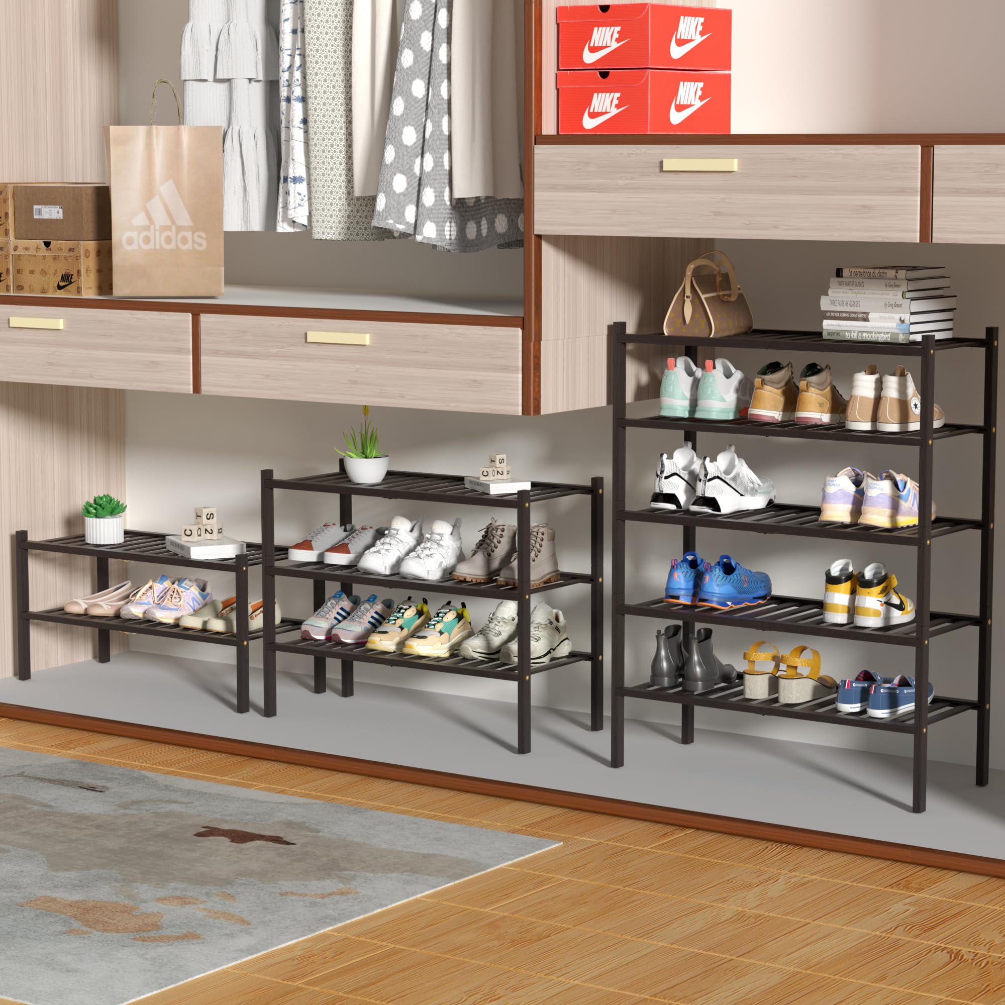 ROMGUAR CRAFT 4 Tier Bamboo Shoe Rack for Closet Free Standing Wood Shoe Shelf for Entryway Small Space Stackable 27"x11"x26" (Brown)
