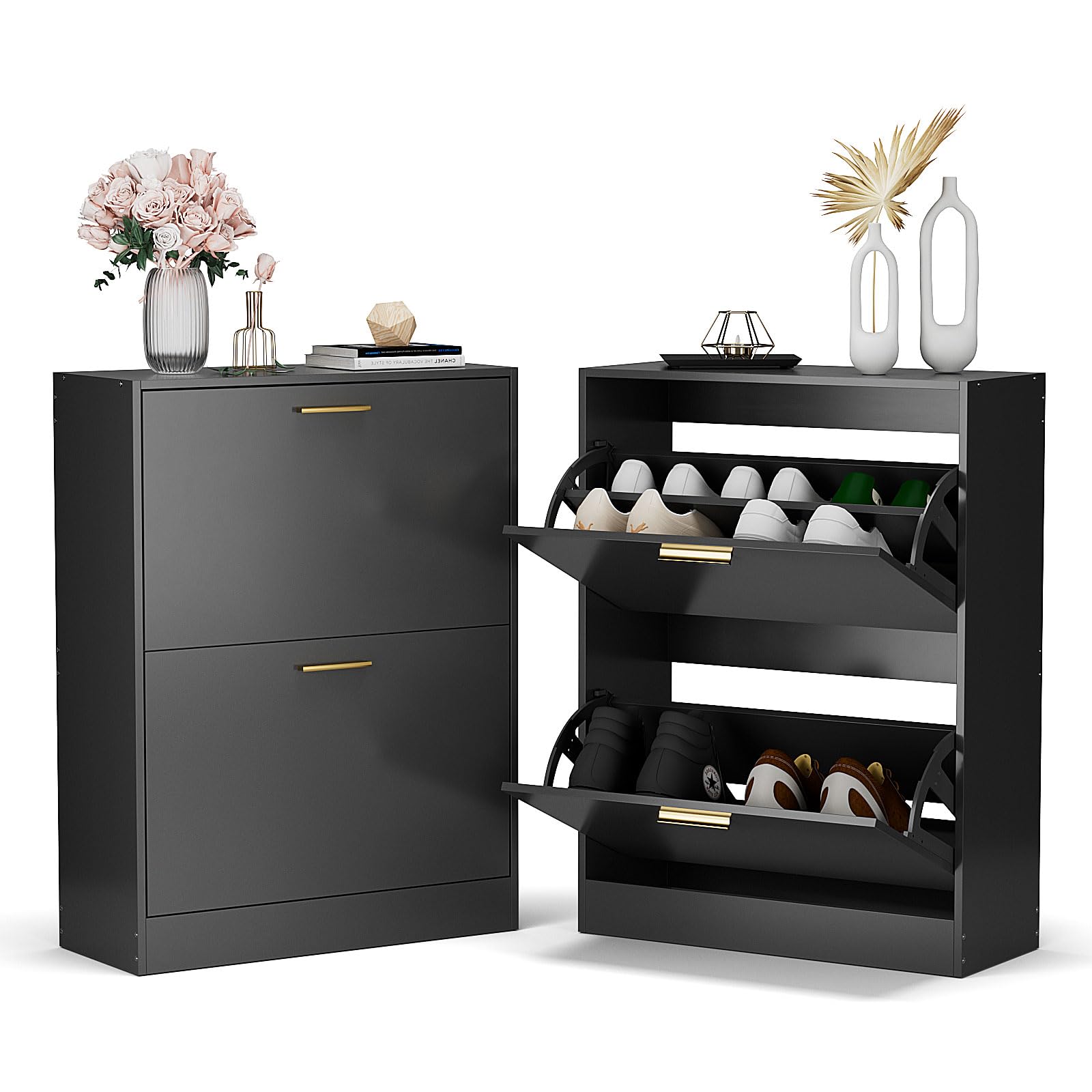 NOVAMAISON Shoe Cabinet for Entryway Slim, Black Narrow Hidden Shoe Storage Cabinet, 2 Flip Drawers Shoe Cabinet, Freestanding Shoe Organizer Cabinet for Hallway