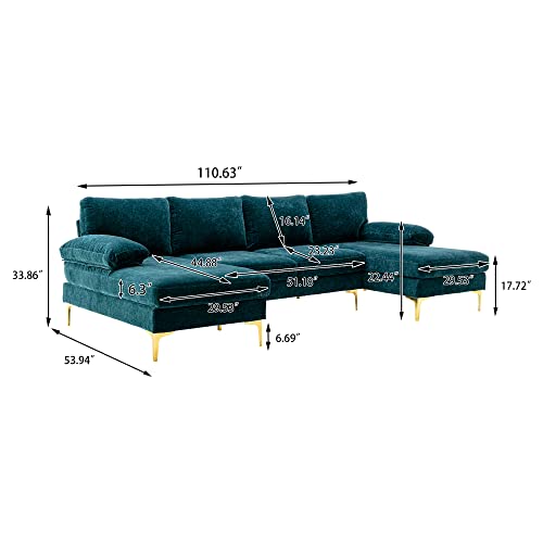Goohome 110.63”U-Shaped Sectional Sofa with Double Extra Wide Lounge, Removable Washable Cover, Gold Legs, Modular Sleeper Couch Chaise Modern 5 Seater Sofá for Living Room, Bedroom, C-Teal Blue