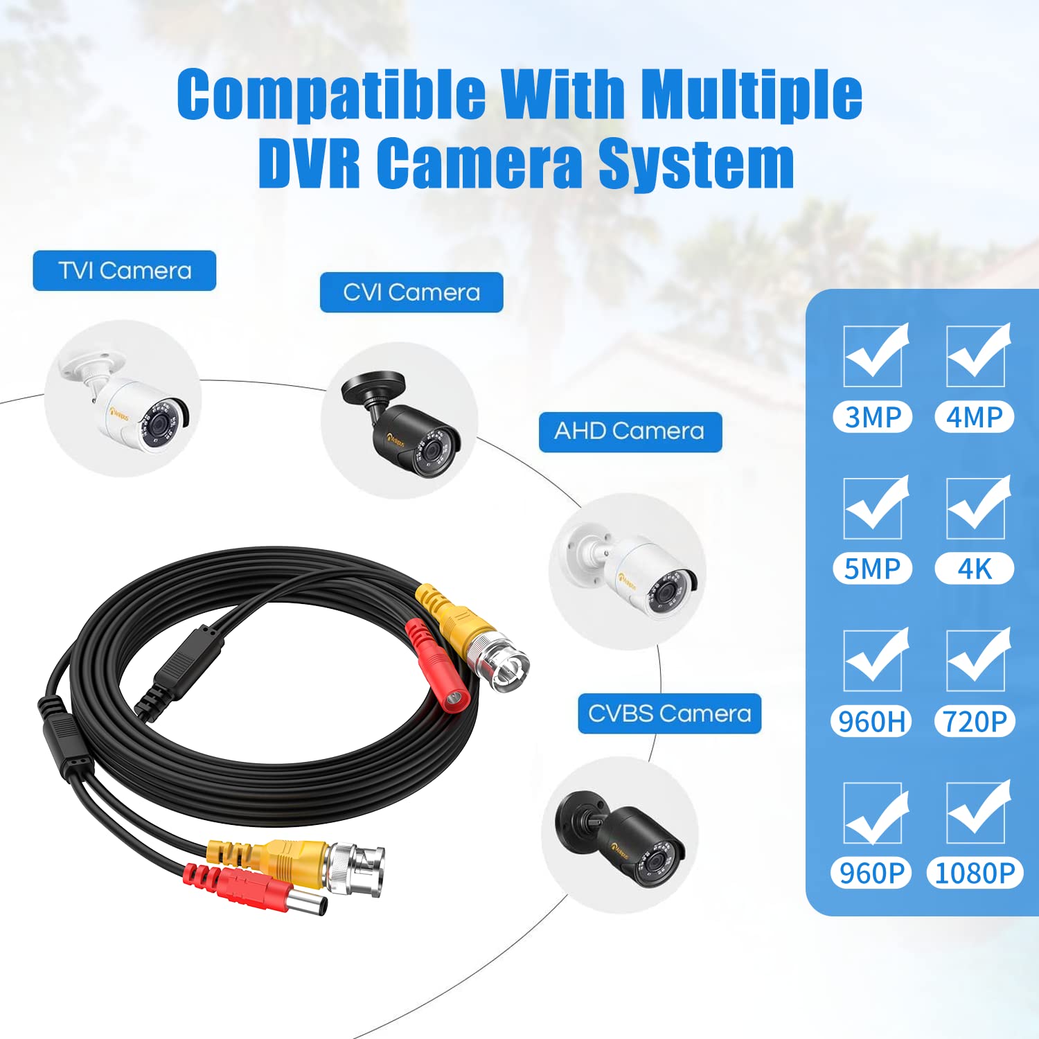 EKYLIN 16FT 5M Pre-Made 2-in-1 BNC Video + Power DC Extension Cable for CCTV Security Camera Home Surveillance Closed-Circuit TV System