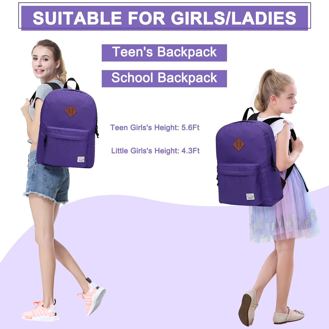 VASCHY Lightweight Backpack for School, Classic Basic Water Resistant Casual Daypack for Travel with Bottle Side Pockets (Purple)