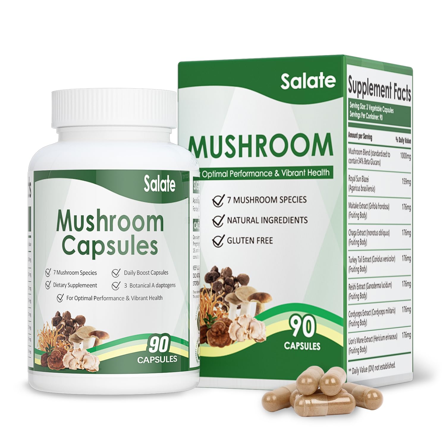 Salate Lion's Mane Supplement Organic Mushroom Extract for Memory and Focus, Concentration & Immune Support Brain Capsules with 100% Fruit Bodies & Extracts