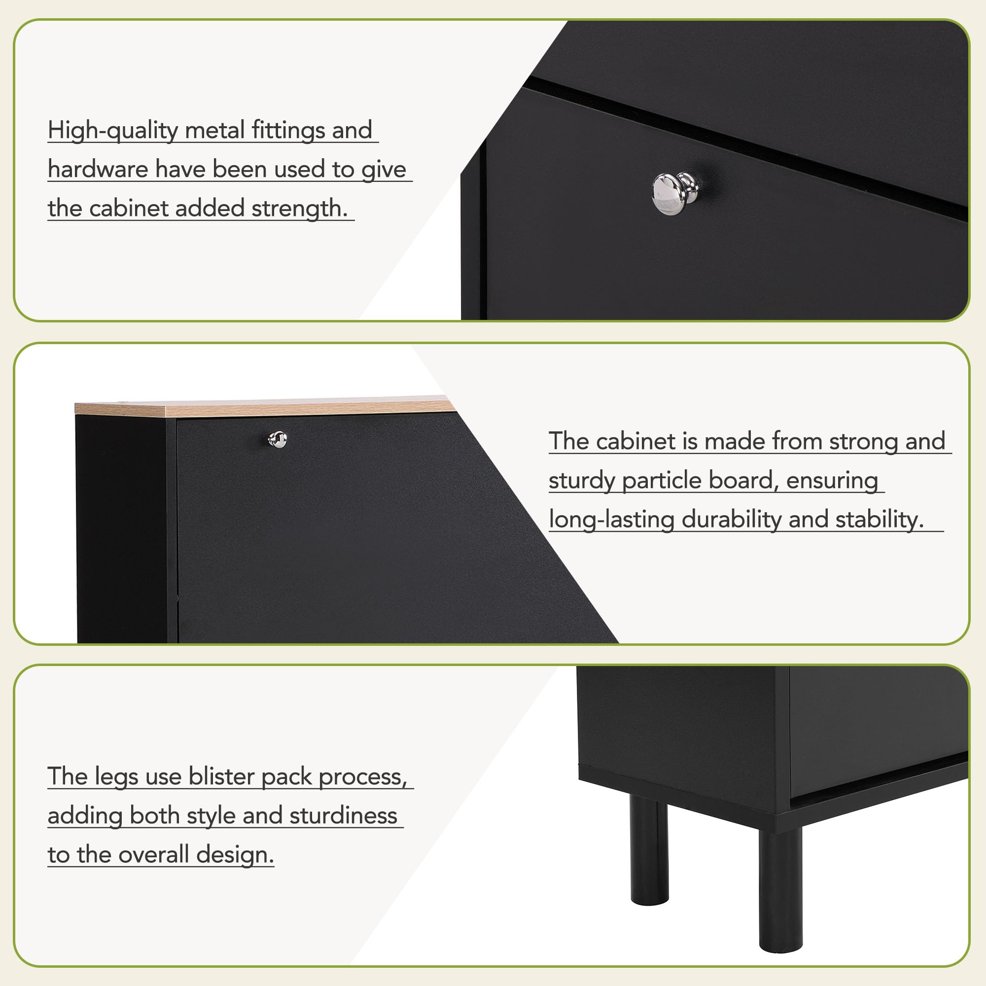 HEPMIMZHU Narrow Shoe Cabinet with 3 Flip Drawers, Wood Grain Pattern Top Entryway Organizer with 3 Hooks, Free Standing Shoe Rack with Adjustable Panel for Hallway (Black)