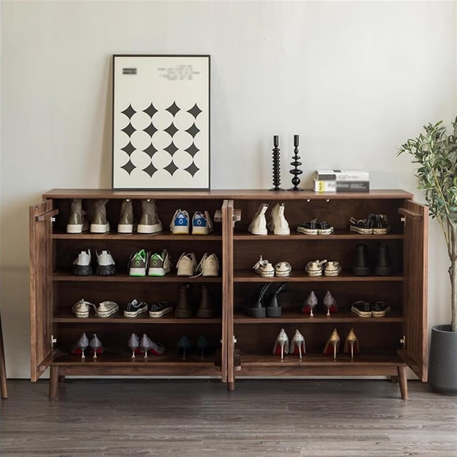 HARAY Shoe Rack 5-Tier Shoe Cabinet, Black Walnut Shoe Storage Cabinet w/ 4 Doors, Freestanding Sideboard Storage Cabinet Entryway, Living Room, Dining Room Shoe Storage Organizer (WANGJIANJUN2023)