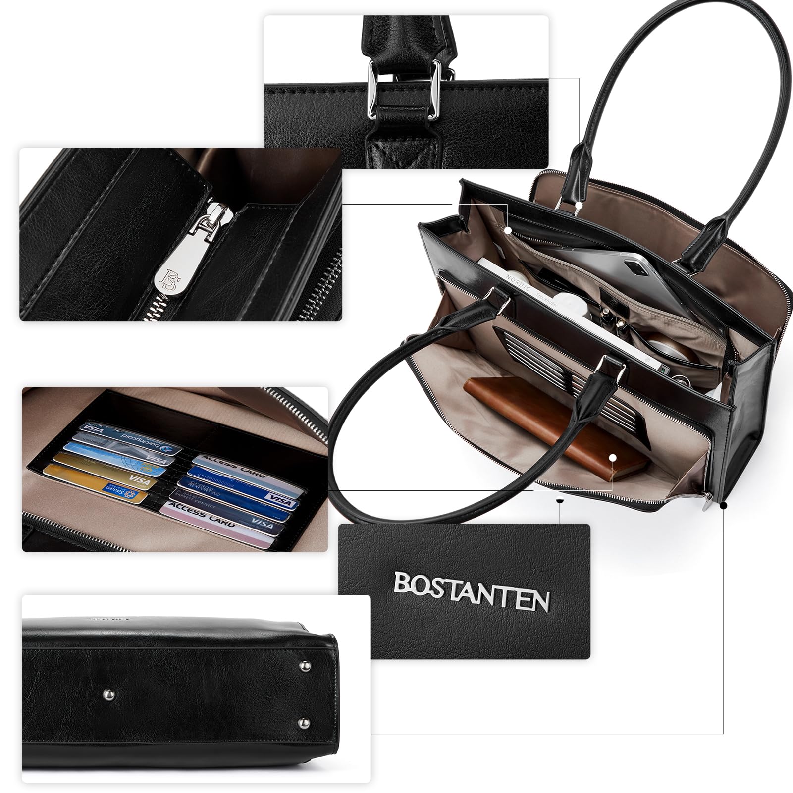 BOSTANTEN Leather Briefcase for Women Vintage 15.6 inch Laptop Bag for Women Business Shoulder Handbag Black