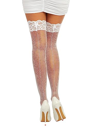 Dreamgirl womens Fishnet Thigh High Stockings With Silicone Lace Top adult exotic hosiery, White, One Size US
