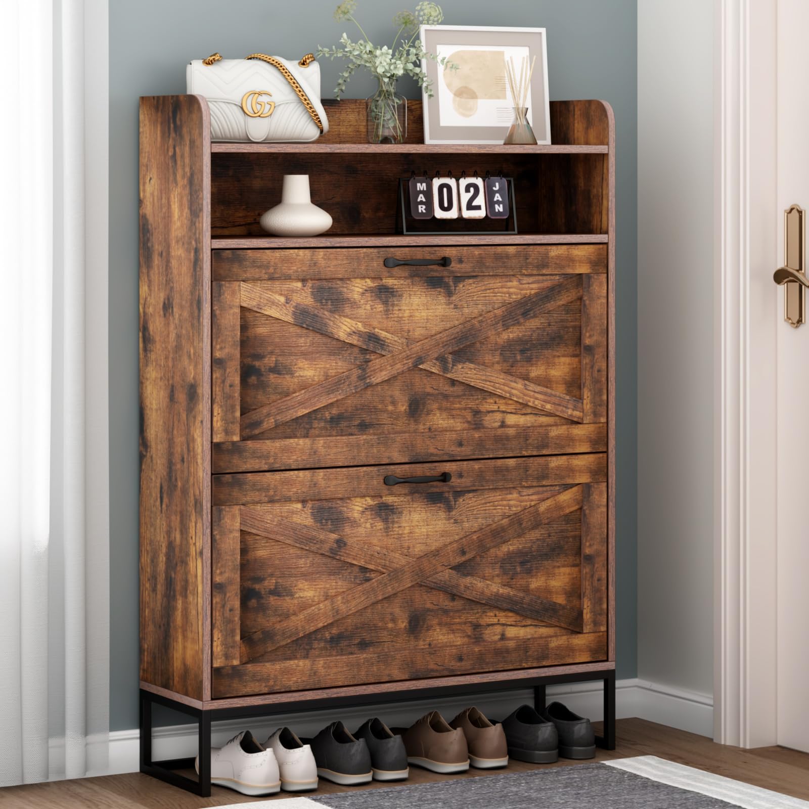 Auromie Shoe Cabinet, Freestanding Tipping Bucket Shoe Storage Cabinet with 2 Flip Drawers, Entryway Shoe Rack with Storage Top Cubby, Narrow Slim Hidden Shoe Organizer with Doors (Brown)