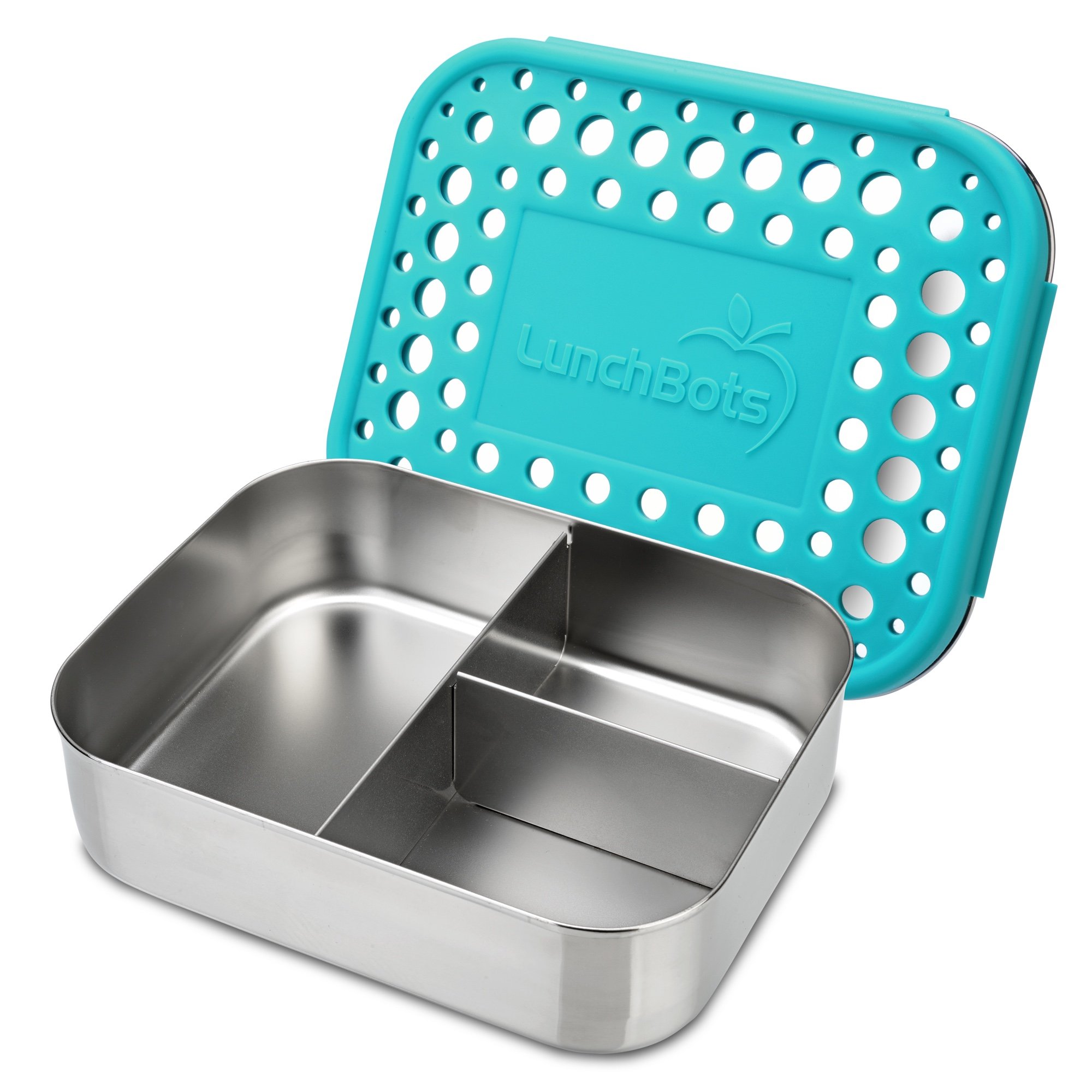 LunchBots Medium Trio II Snack Container - Divided Stainless Steel Food Container - Three Sections for Snacks On the Go - Eco-Friendly, Dishwasher Safe, BPA-Free - Stainless Lid - Aqua Dots