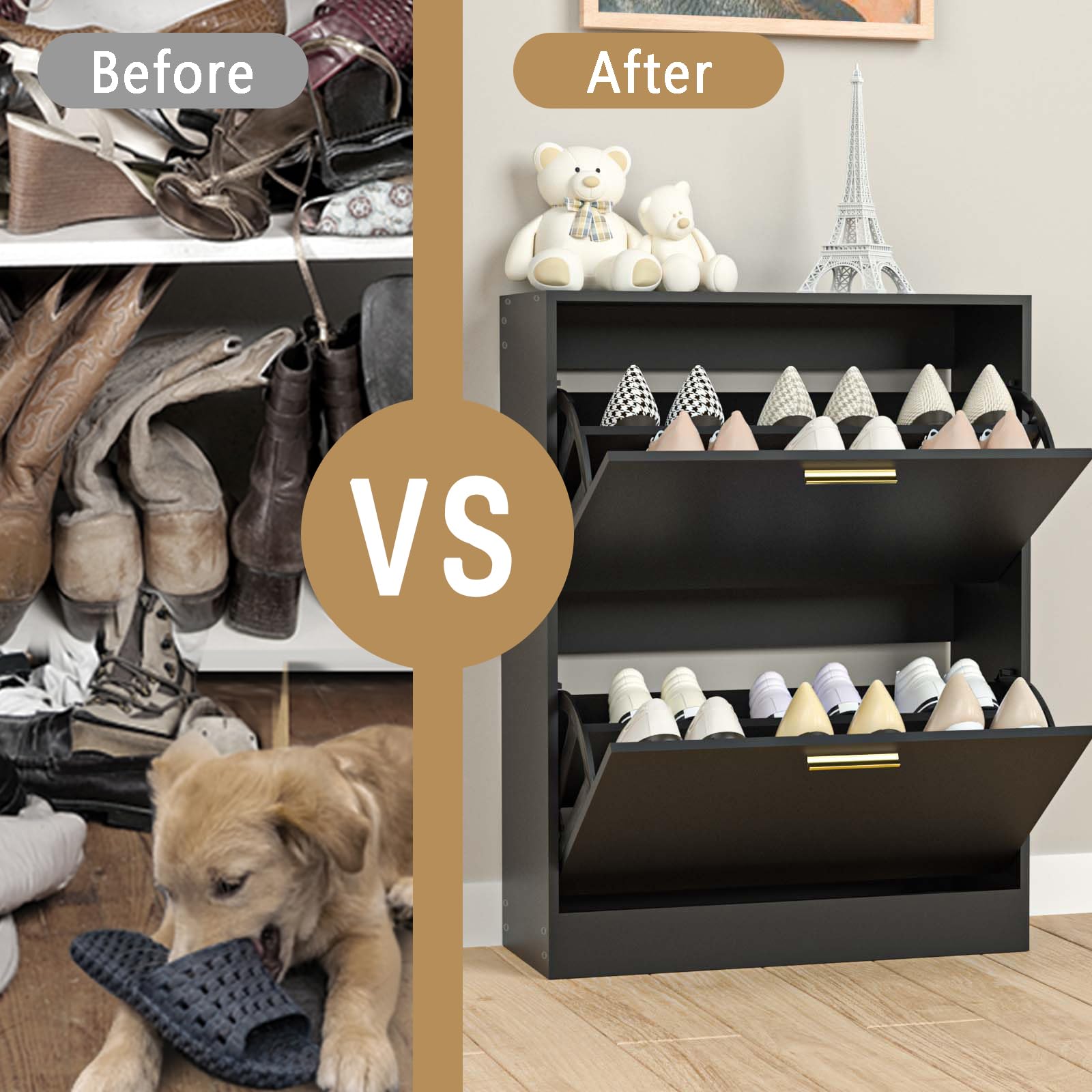NOVAMAISON Shoe Cabinet for Entryway Slim, Black Narrow Hidden Shoe Storage Cabinet, 2 Flip Drawers Shoe Cabinet, Freestanding Shoe Organizer Cabinet for Hallway