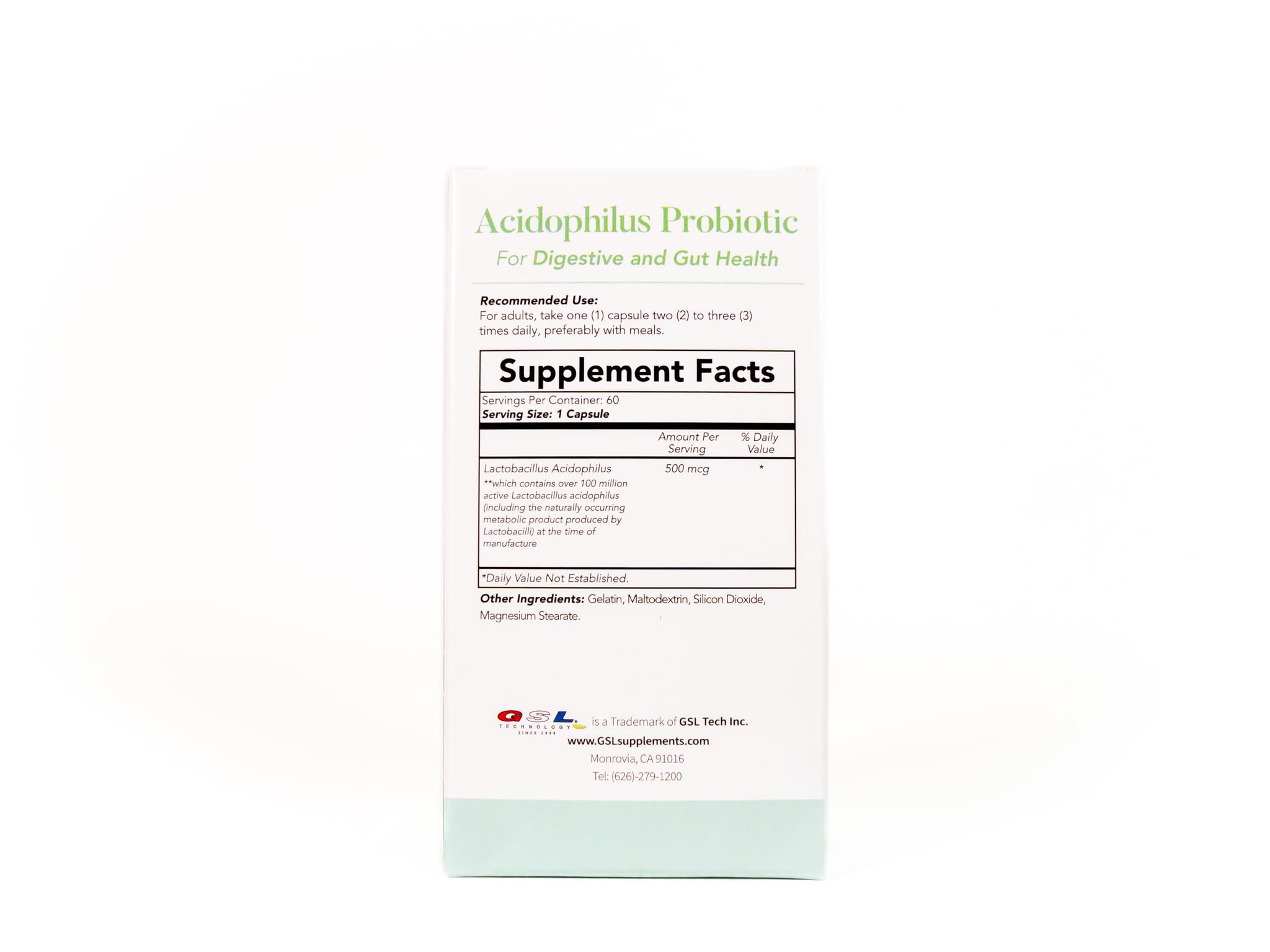 GSL Technology | Acidophilus Probiotic | 100 Million Active Organisms | Dietary Supplement for Gut Health | Made in The USA | 3 Pack of 60 Count (180 Capsules Total)