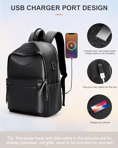 Laptop Backpack Women, Faux Leather Work Travel Backpack for Men with USB Port, Waterproof Fashion Casual Daypack for Business University, Large Capacity Carry On Backpack for Airplanes, Black