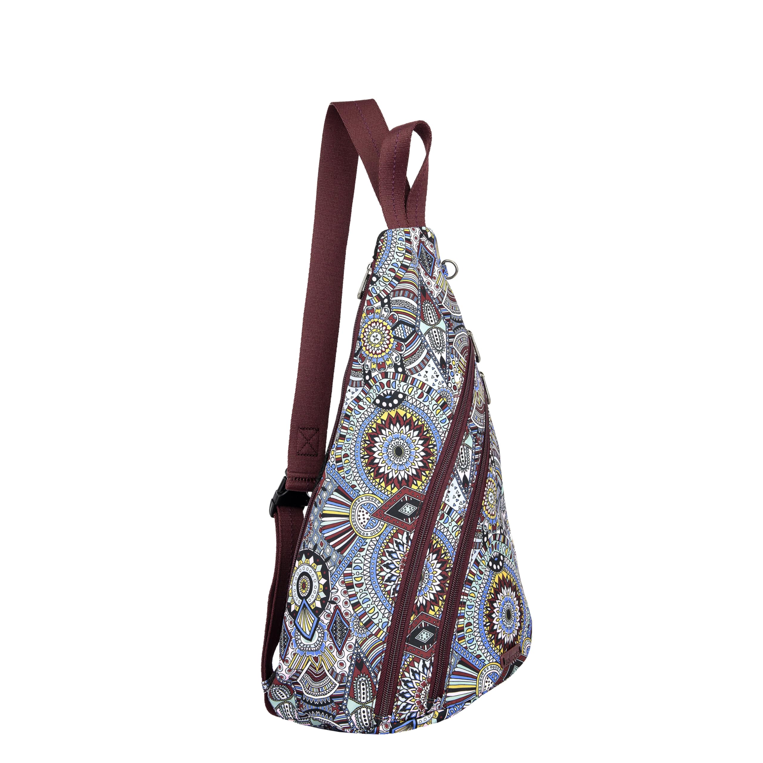 Sakroots On The Go Sling Backpack in Eco Twill, Adjustable Sling Strap, Cabernet Wanderlust