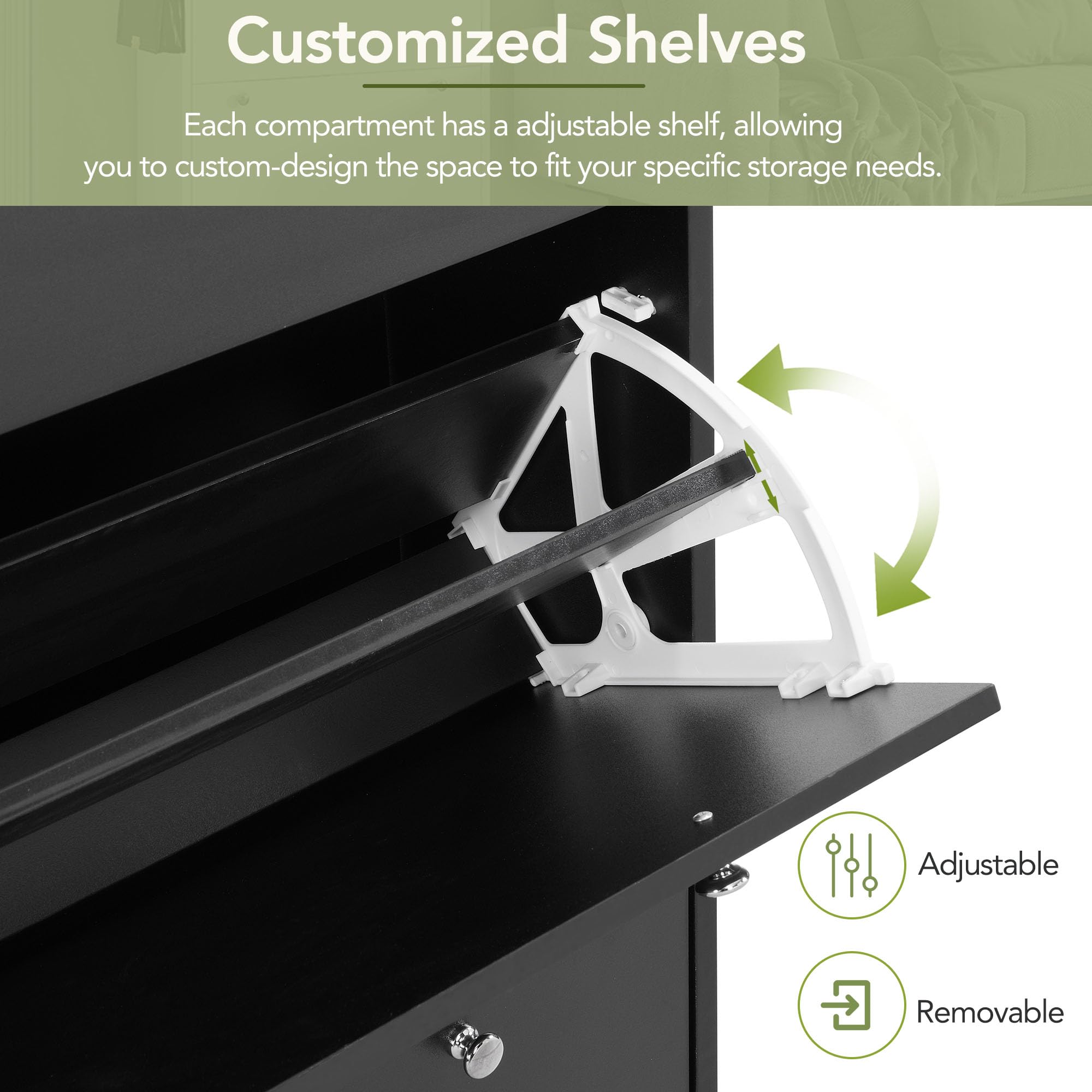 HEPMIMZHU Narrow Shoe Cabinet with 3 Flip Drawers, Wood Grain Pattern Top Entryway Organizer with 3 Hooks, Free Standing Shoe Rack with Adjustable Panel for Hallway (Black)
