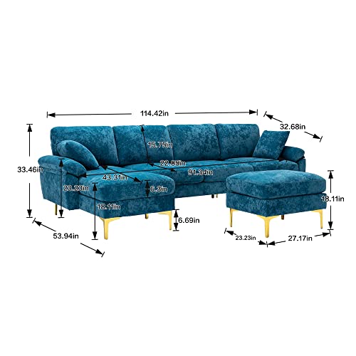 Wekity Sectional Sofa, U-Shaped Modern Fabric Modular Sofa for Living room, Minimalist Sectional Couch with Ottomans (Blue)