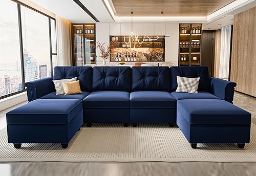 Belandi Modular Sectional Sofa Couch, U-Shaped Sleeper Couch with Reversible Chaise, Modular Sectionals with Ottomans, 6-Seat Sofa Set with Storage for Living Room, Blue