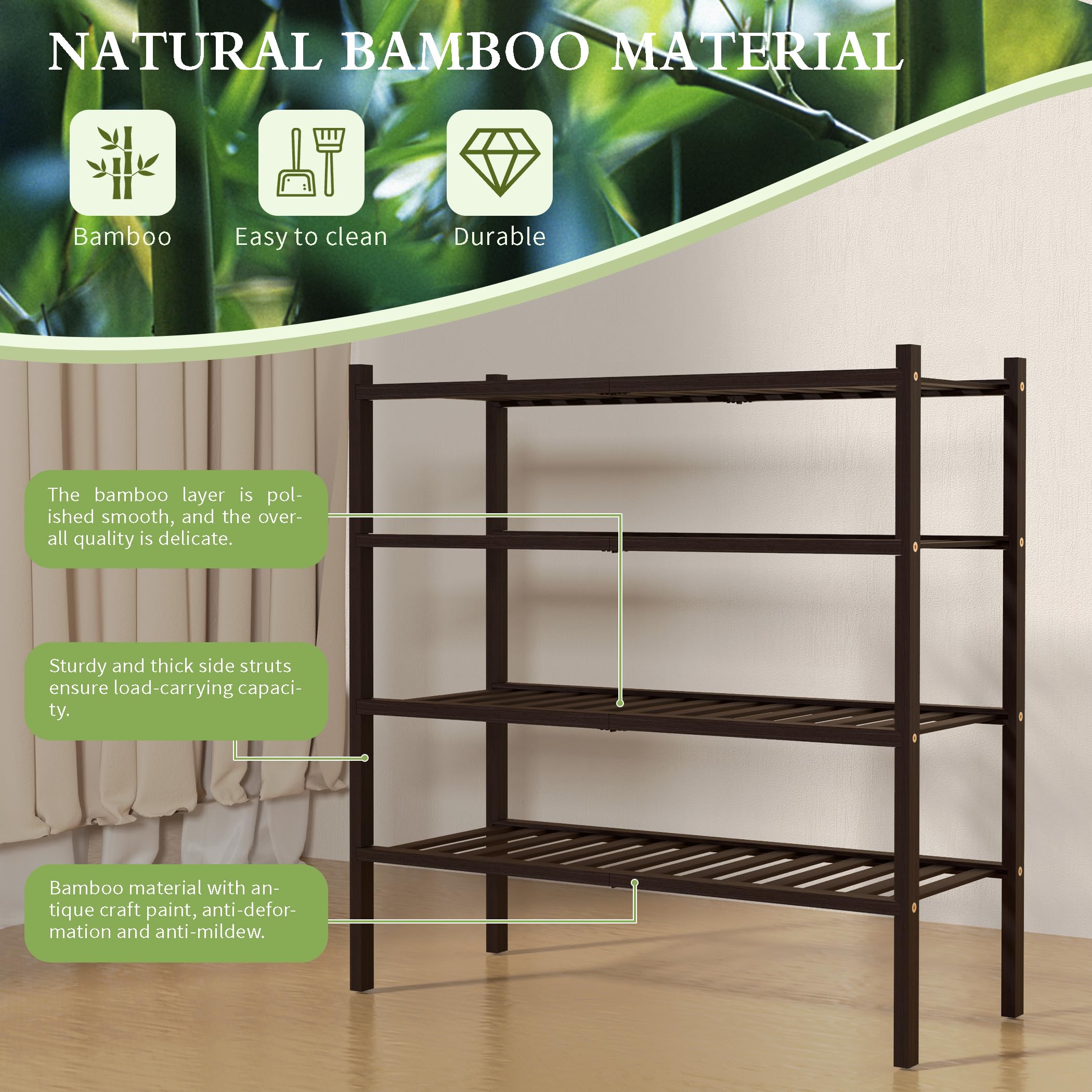 ROMGUAR CRAFT 4 Tier Bamboo Shoe Rack for Closet Free Standing Wood Shoe Shelf for Entryway Small Space Stackable 27"x11"x26" (Brown)