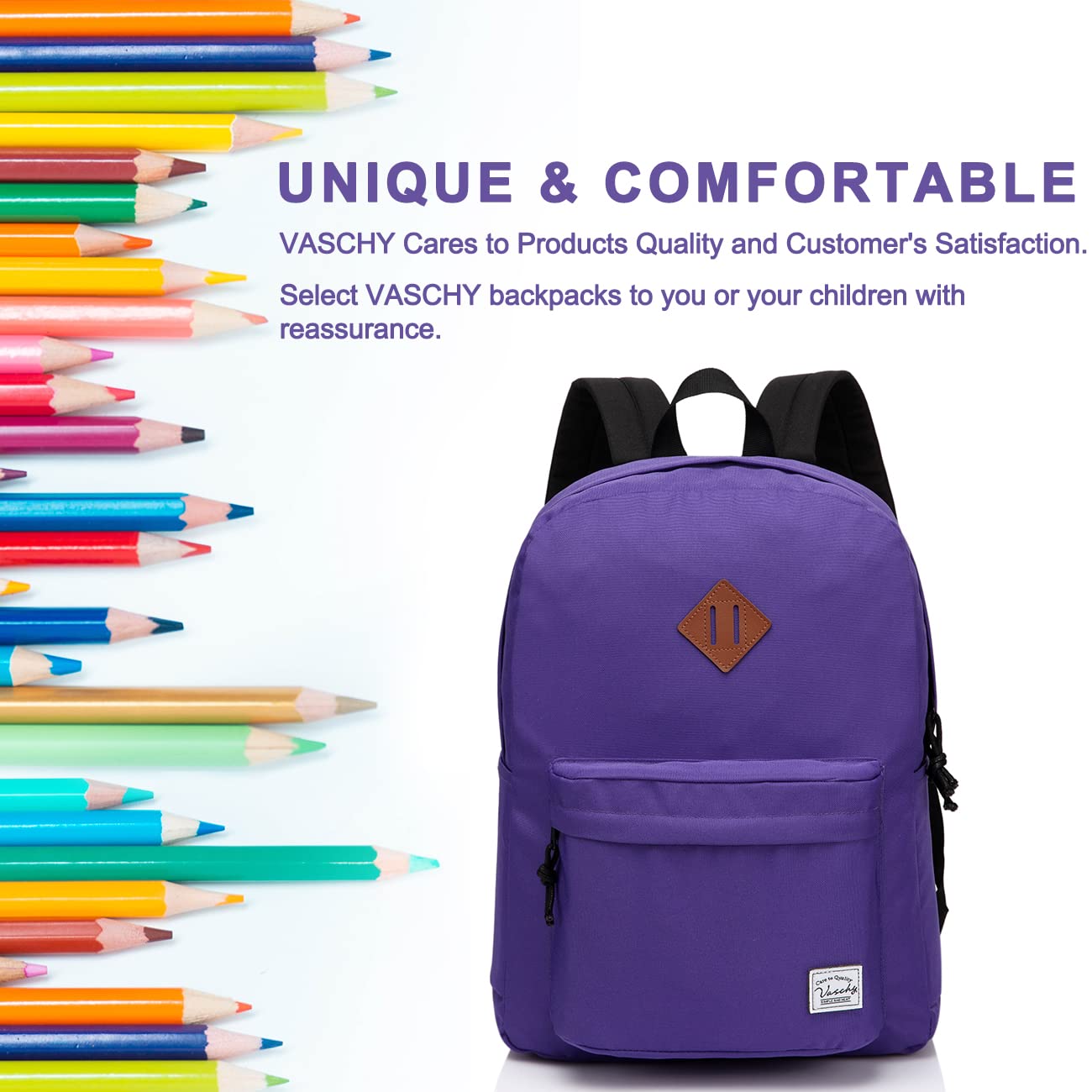 VASCHY Lightweight Backpack for School, Classic Basic Water Resistant Casual Daypack for Travel with Bottle Side Pockets (Purple)