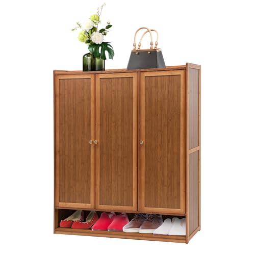 Fichiouy Retro Shoe Storage Cabinet with Shutter Doors for Living Room, Entryway, Bamboo Shoe Floor Storage Organizer Rack, Shoes Organizer Overall Size: 35.4 * 12.6 * 42.1in