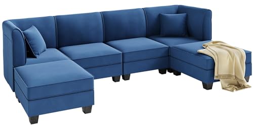 JAMFLY 116'' Modular Sectional Sofa with Reversible Chaise, U-Shape Convertible Sectional Sofa Couch with 6 Seats, Velvet Modern Sleeper Modular Couch with Ottomans for Living Room