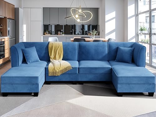 JAMFLY 116'' Modular Sectional Sofa with Reversible Chaise, U-Shape Convertible Sectional Sofa Couch with 6 Seats, Velvet Modern Sleeper Modular Couch with Ottomans for Living Room