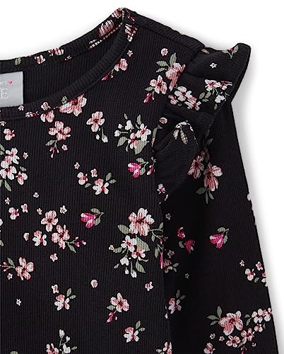 The Children's Place,and Toddler Girl Long Sleeve Ruffle Top,3T Black Floral