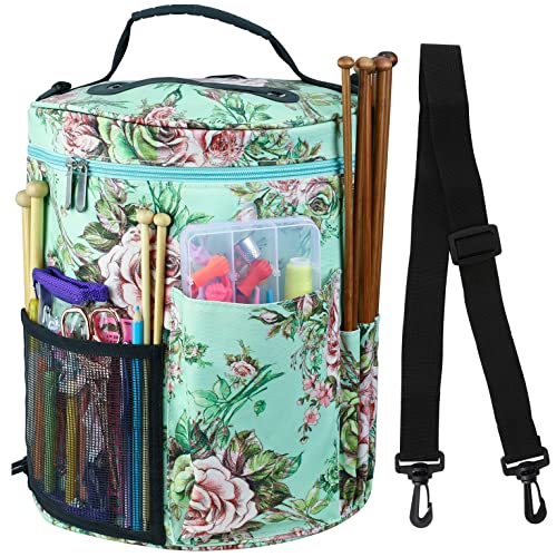 Large Capacity/Portable/Lightweight Yarn Storage Knitting Tote Organizer Bag with Shoulder Strap Handles Looen W/Pockets for Crochet Hooks & Knitting Needles … (Peony Flower)