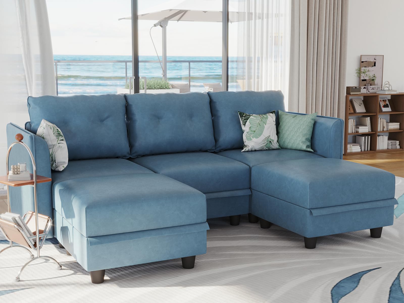 LLappuil Modular Sectional Sofa, Convertible U Shaped Couch with Storage, Faux Leather Fabric Waterproof Sectional Couch for Living Room, 86.2" Width, 5 Seat Modular Sofa, Navy Blue