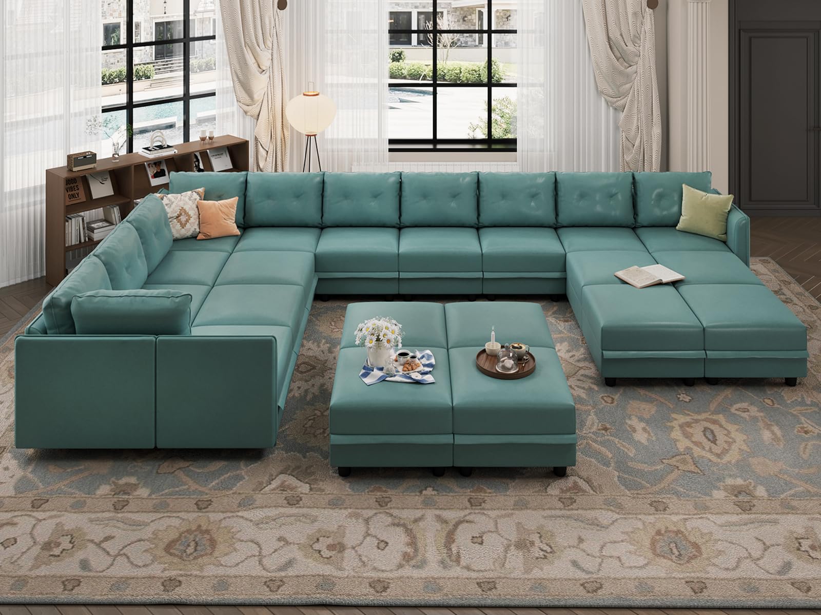 LLappuil Oversized Modular Sofa 21 Seater Sectional Couch with Storage, Large Faux Leather Fabric Waterproof U Shaped Sectional Couch for Living Room, Aqua Blue