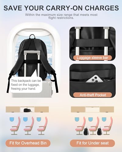 Laptop Backpack Women, Faux Leather Work Travel Backpack for Men with USB Port, Waterproof Fashion Casual Daypack for Business University, Large Capacity Carry On Backpack for Airplanes, Black