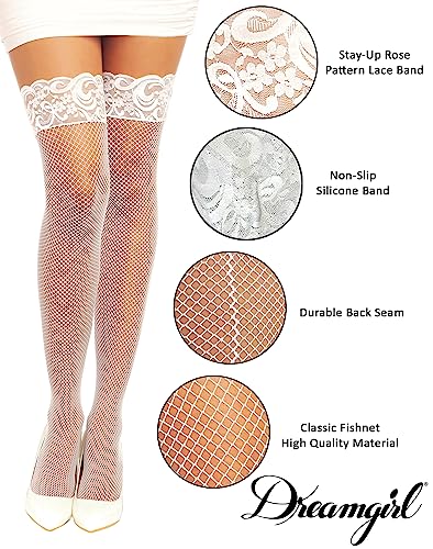Dreamgirl womens Fishnet Thigh High Stockings With Silicone Lace Top adult exotic hosiery, White, One Size US