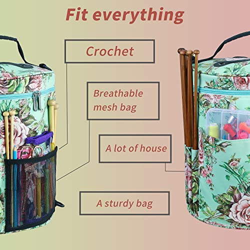 Large Capacity/Portable/Lightweight Yarn Storage Knitting Tote Organizer Bag with Shoulder Strap Handles Looen W/Pockets for Crochet Hooks & Knitting Needles … (Peony Flower)