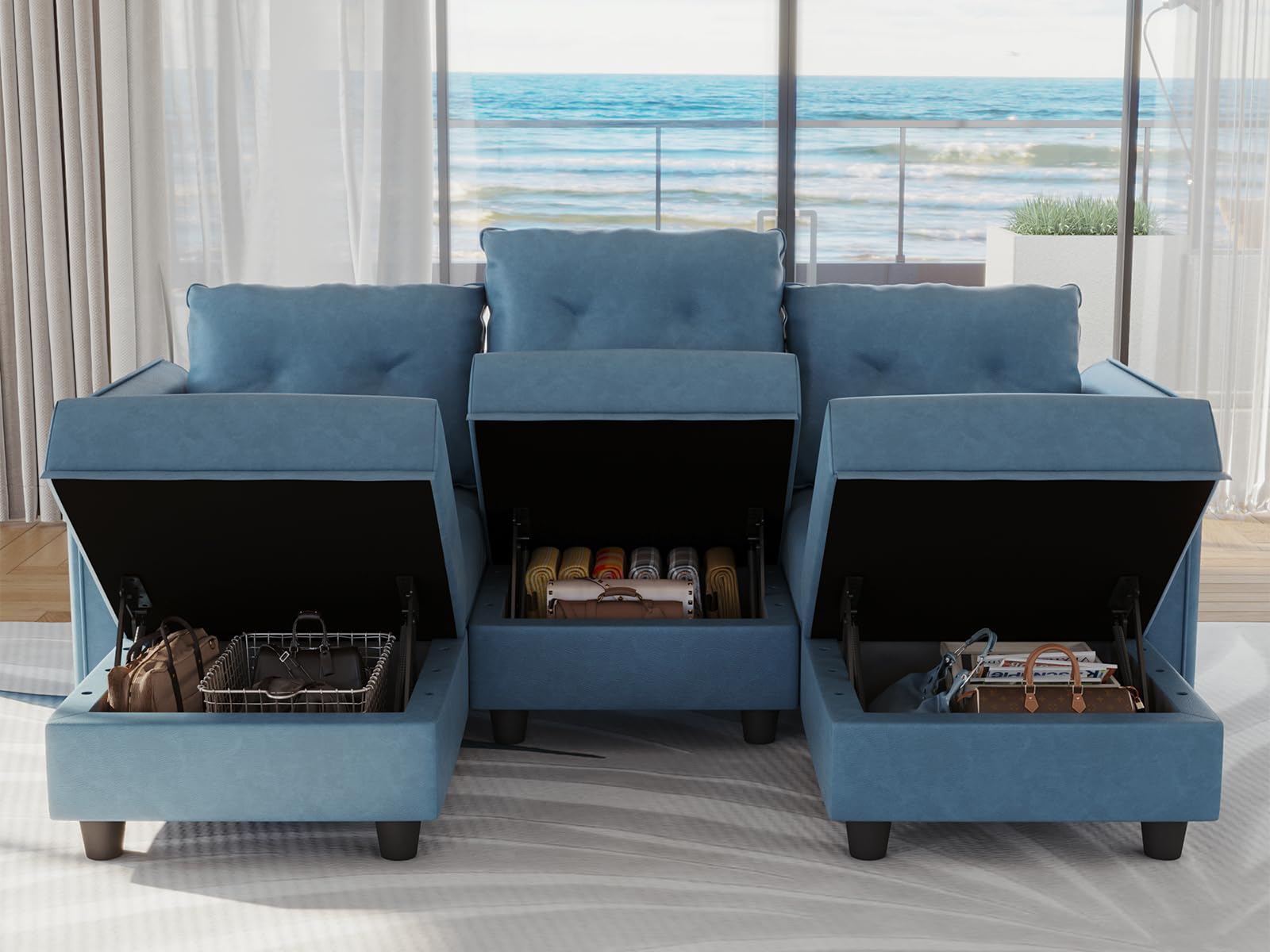 LLappuil Modular Sectional Sofa, Convertible U Shaped Couch with Storage, Faux Leather Fabric Waterproof Sectional Couch for Living Room, 86.2" Width, 5 Seat Modular Sofa, Navy Blue