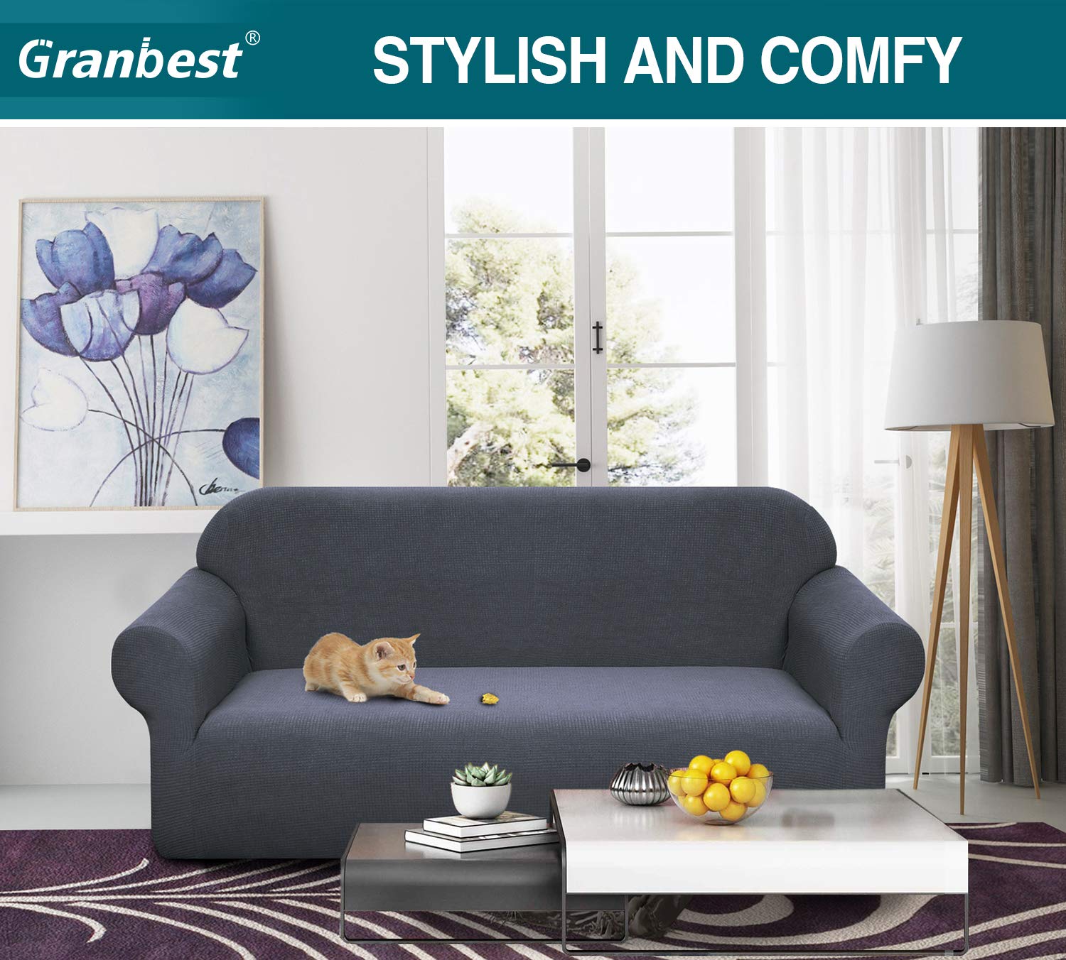 Granbest Premium Water Repellent Sofa Cover High Stretch Couch Slipcover Super Soft Fabric Couch Cover (Gray, Large)